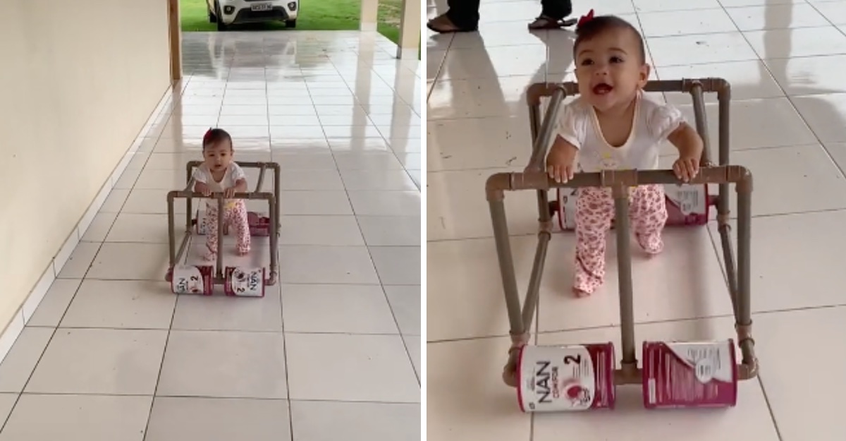 Dad made a baby walker for his baby out of PVC pipes and four milk jars ...